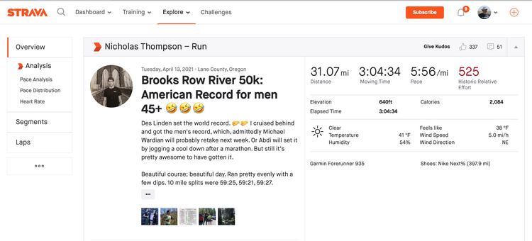 How 45-year-old Nicholas Thompson Trained to Run 5:56 per mile for 50K